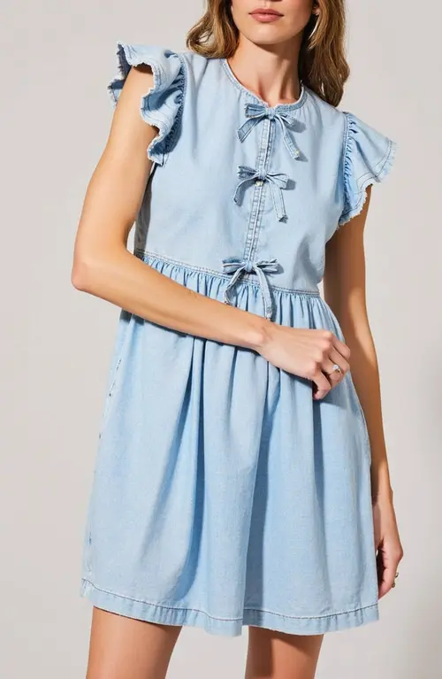 MODENAIRE Sleeveless Denim Mini Dress With Bow-tie Front