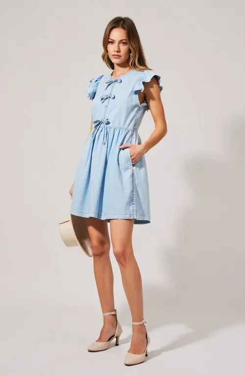 MODENAIRE Sleeveless Denim Mini Dress With Bow-tie Front