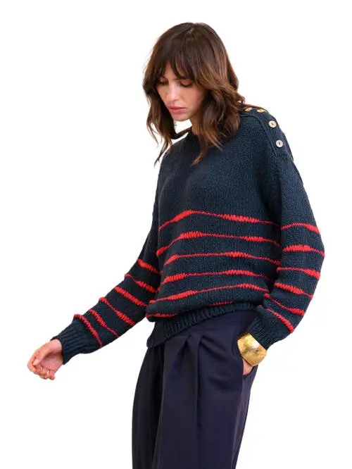 CELTIC & CO. Drop Stitch Breton Sweater - Navy / Red