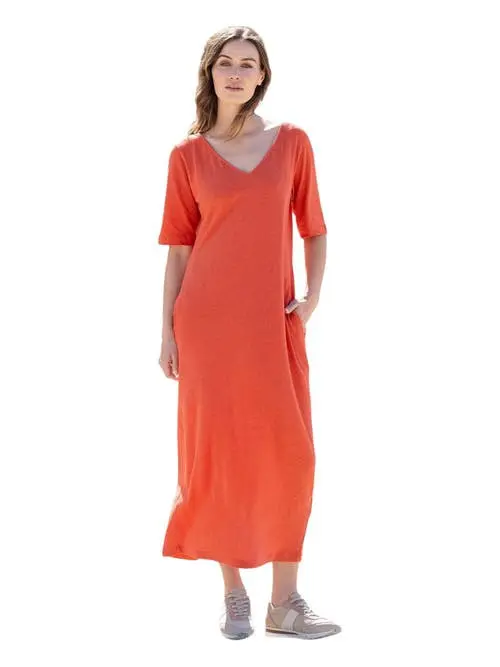 CELTIC & CO. Linen Blend V Neck Midi Dress - Burnt Orange