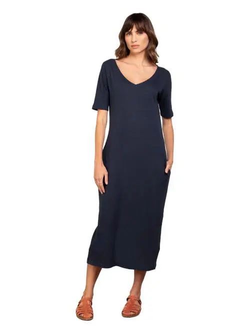 CELTIC & CO. Linen Blend V-neck Midi Dress - Navy