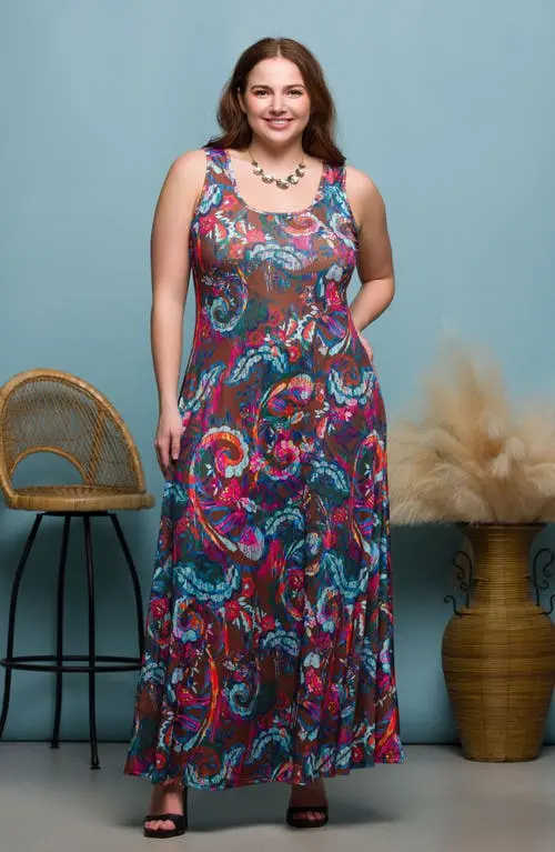 24SEVEN COMFORT APPAREL Paisley Knit Maxi Dress - Brown Multi