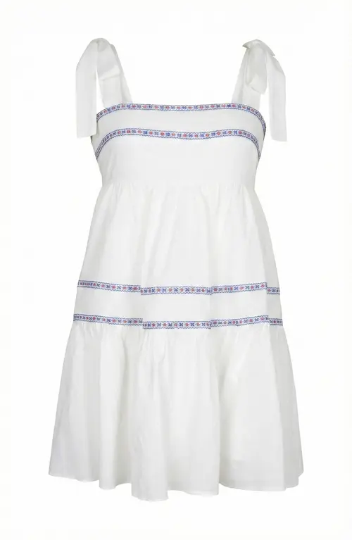 MODENAIRE Sleeveless Tiered Mini Dress With Bow Tie Shoulder Straps And Smocked Empire Waist - Ivory