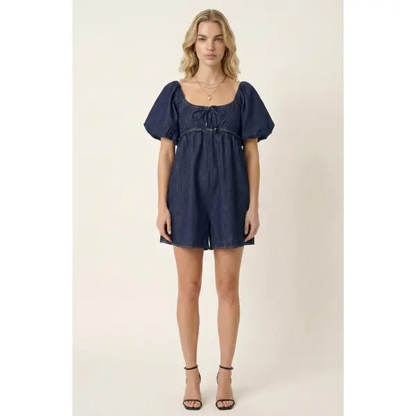 MODENAIRE Puff Sleeve Romper With Tie Front - Dark Blue