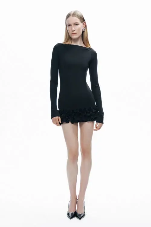 Nocturne Long Sleeve Frill-Hem Mini Dress In Black - 44% Off | Editorialist