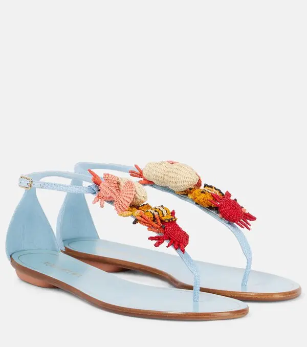 AQUAZZURA Marea Raffia Thong Sandals - Blue