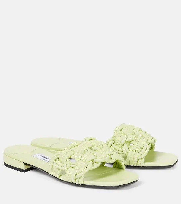JIMMY CHOO Chara Raffia And Leather Slides - Green