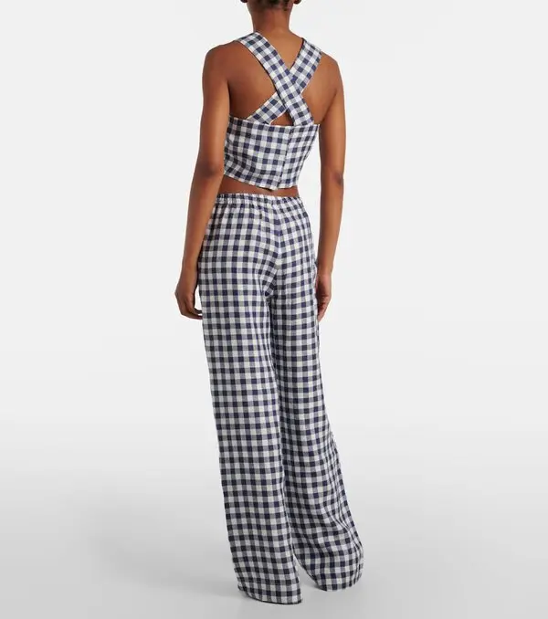 Asceno Cozumel Gingham Linen Crop Top - Blue