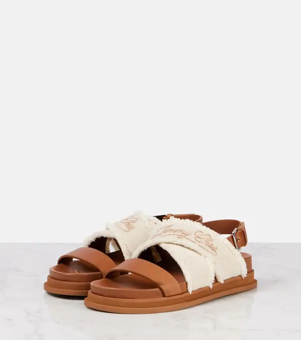 JIMMY CHOO Joa Embroidered Canvas And Leather Sandals - Neutrals