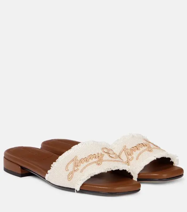 JIMMY CHOO Joa Embroidered Canvas Slides - Neutrals