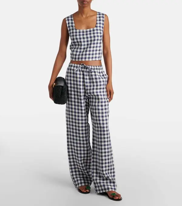 Asceno Aurelia Gingham Linen Wide-leg Pants - Blue