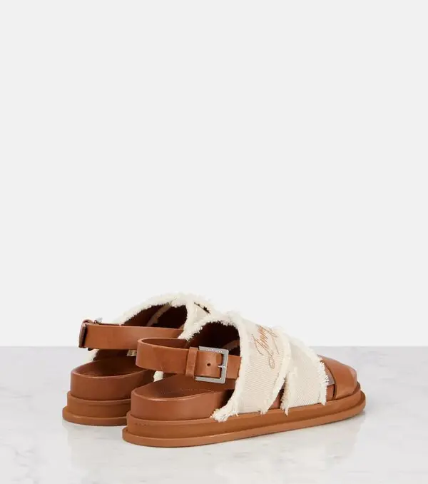 JIMMY CHOO Embroidered Canvas And Leather Sandals - Neutrals