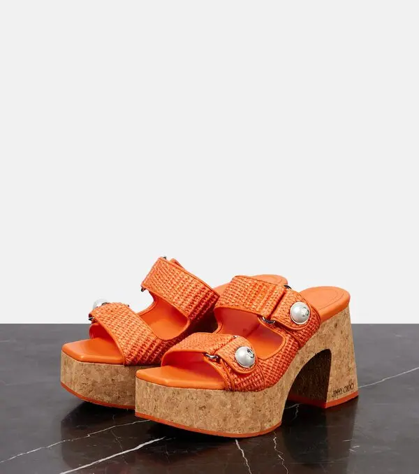 JIMMY CHOO Fayence 95 Raffia Platform Mules