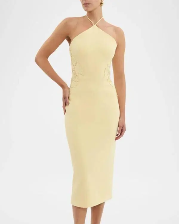 Rebecca Vallance Lulu Floral Lace Halter Midi Dress - Popcorn