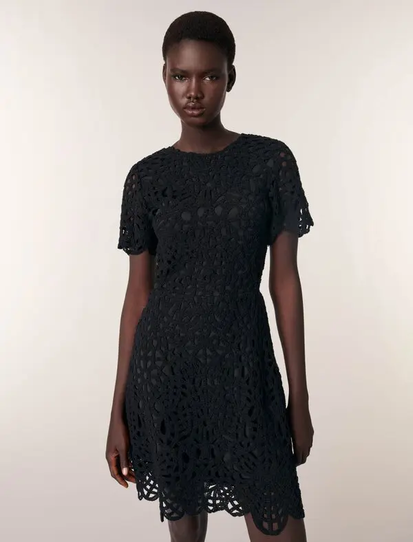 Maje Crochet Mini Dress With Cut-outs And Halterneck - Black