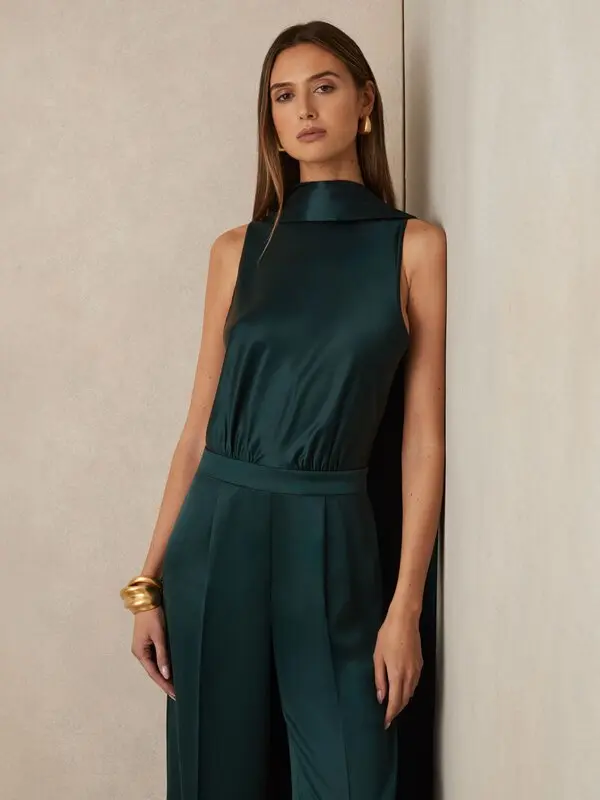 REISS Satin Cape-sash Jumpsuit - Teal Green