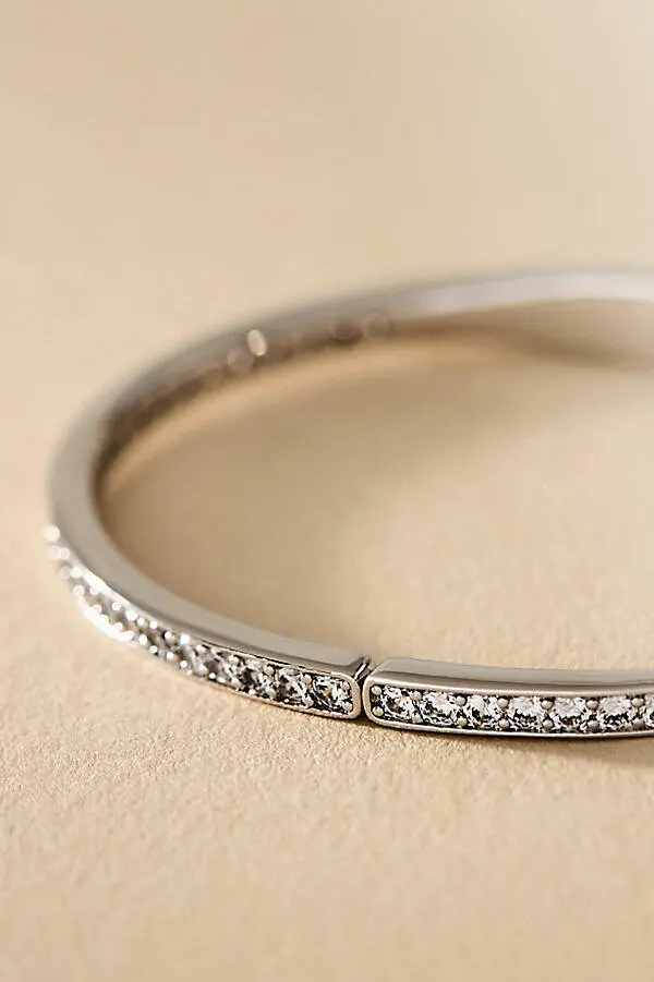 Nadri Half Pavé Crystal Hinged Oval Bangle Bracelet - Silver
