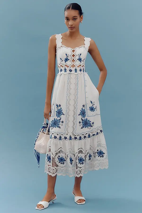 Farm Rio Cross-Stitch Richelieu Linen Blend Midi Dress - White |  Editorialist