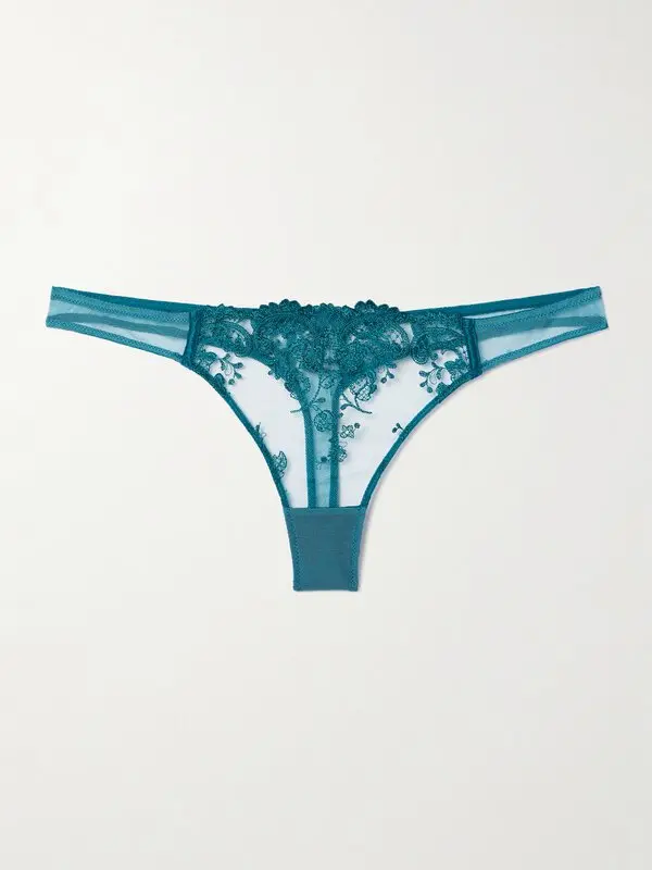 Kiki De Montparnasse Juliette Satin-trimmed Embroidered Tulle Thong - Blue