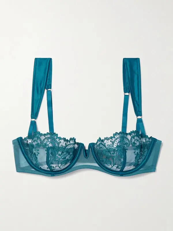 Kiki De Montparnasse Juliette Satin-trimmed Embroidered Tulle Soft-cup Underwired Balconette Bra - Blue