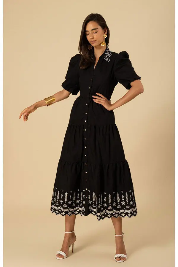 Hale Bob Martha Embroidered Poplin Dress - Black