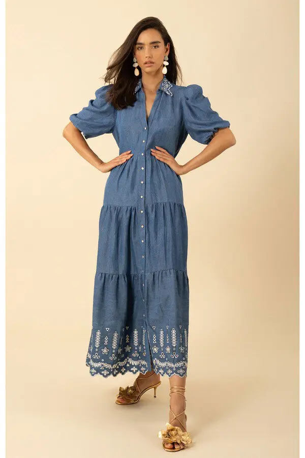Hale Bob Martha Embroidered Chambray Dress - Blue