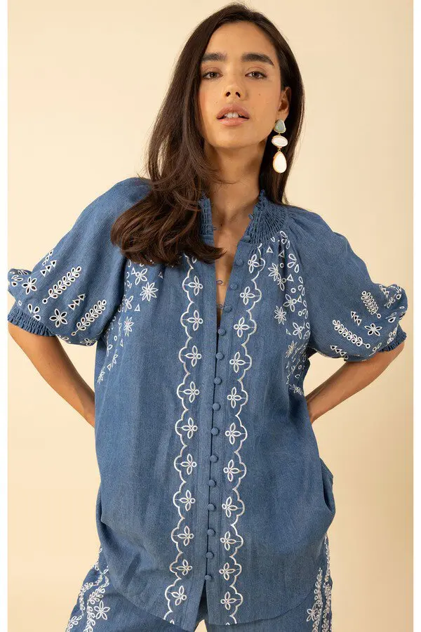 Hale Bob Fallon Embroidered Chambray Top