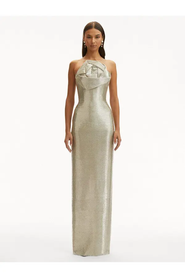 Oscar De La Renta Rosette Bugle Bead Column Gown - Red
