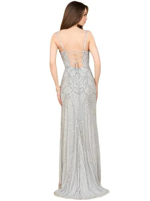 LARA NEW YORK Beaded Lace-up Mermaid Gown - Silver