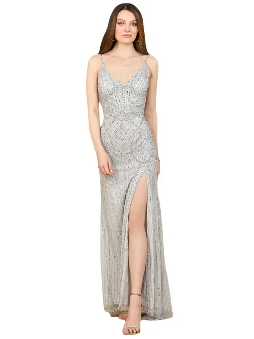 LARA NEW YORK Beaded Lace-up Mermaid Gown - Silver