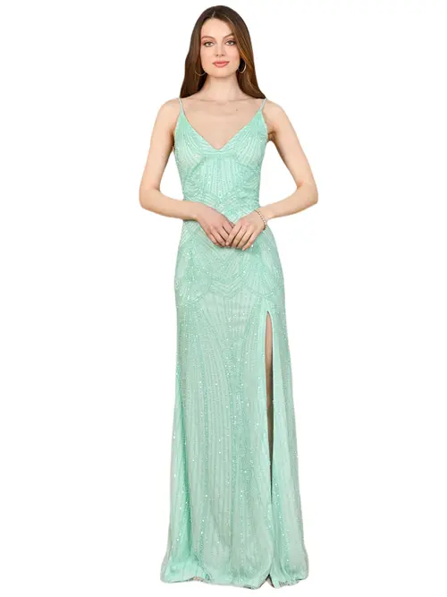 LARA NEW YORK Beaded Lace-up Mermaid Gown - Tiffany