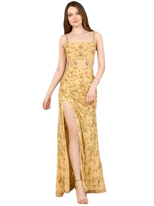 LARA NEW YORK Beaded Corset Gown With Slit - Gold