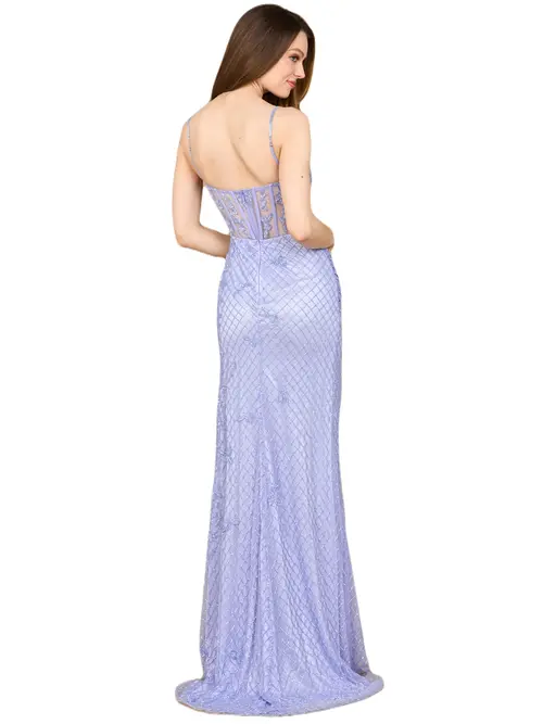LARA NEW YORK Beaded Corset Gown With Slit - Blue Iris