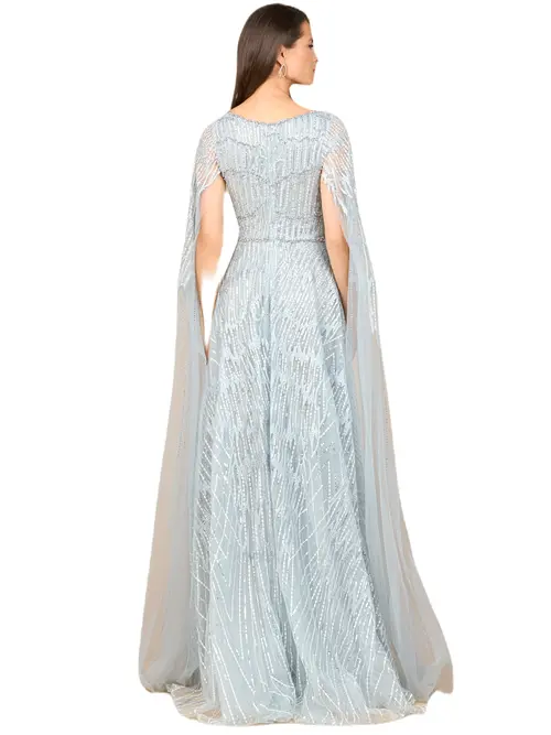 LARA NEW YORK Embellished V-neck Gown With Cape Sleeves - Blue