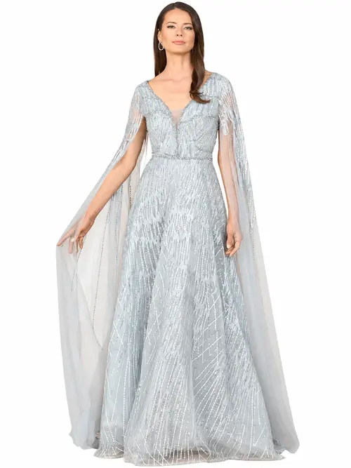 LARA NEW YORK Embellished V-neck Gown With Cape Sleeves - Blue