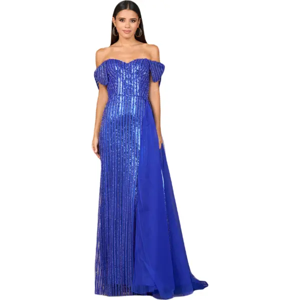 LARA NEW YORK Off-the-shoulder Beaded Fitted Gown - Blue