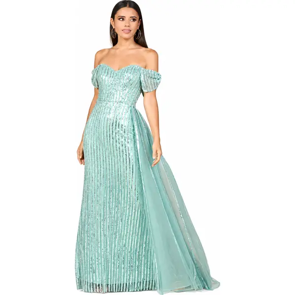 LARA NEW YORK Off-the-shoulder Beaded Fitted Gown - Dark Sage