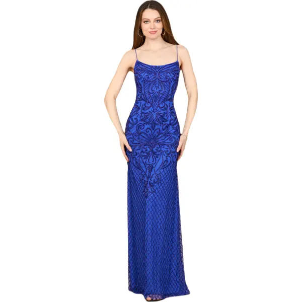LARA NEW YORK Lace Up Open Back Beaded Dress - Blue