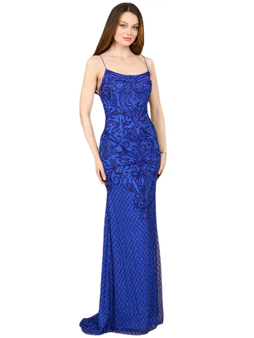 LARA NEW YORK Lace Up Open Back Beaded Dress - Blue