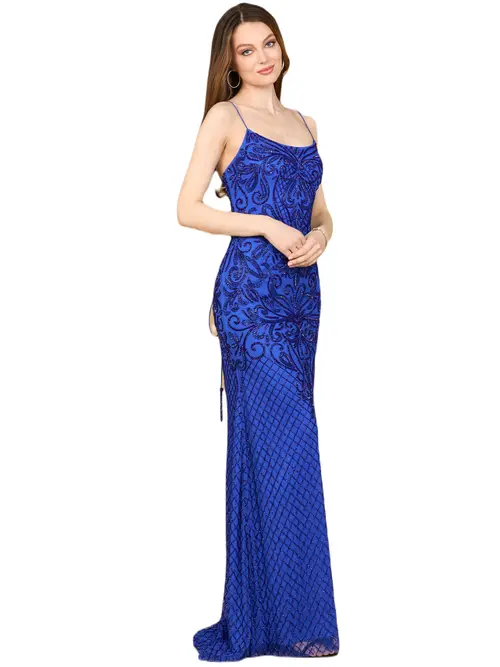 LARA NEW YORK Lace Up Open Back Beaded Dress - Blue