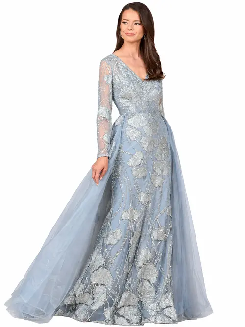 LARA NEW YORK Long Sleeve Lace Gown With Overskirt - Silver
