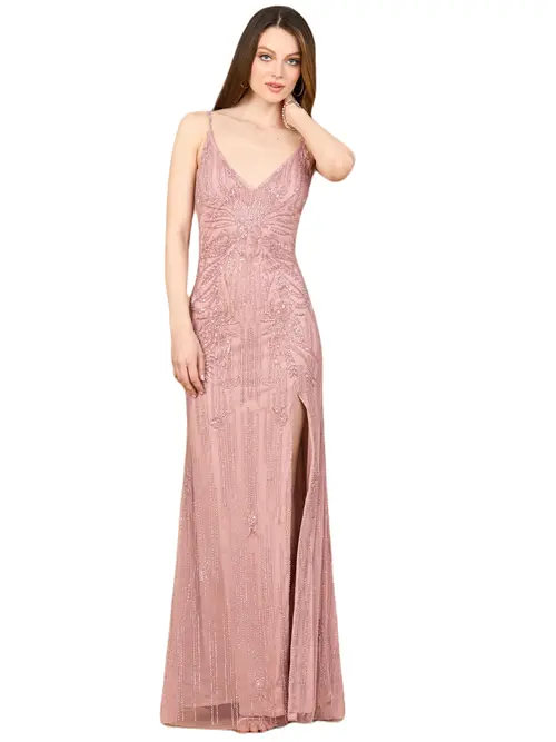 LARA NEW YORK Beaded Lace-up Mermaid Gown With Slit - Cashmere