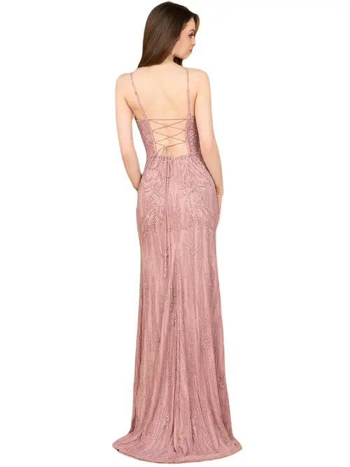 LARA NEW YORK Beaded Lace-up Mermaid Gown With Slit - Cashmere