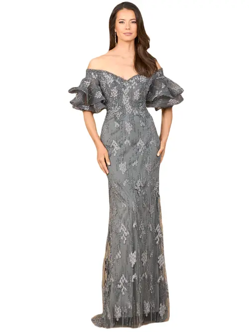 LARA NEW YORK Off-shoulder Beaded Mermaid Gown - Grey