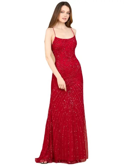 LARA NEW YORK Lace Up Beaded Dress - Red