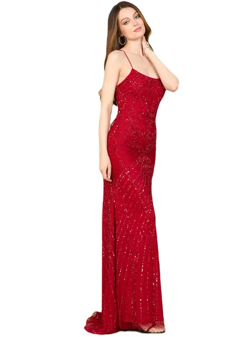 LARA NEW YORK Lace Up Beaded Dress - Red