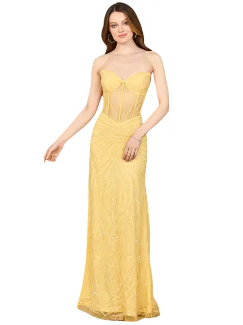 LARA NEW YORK Beaded Corset Gown With Slit - Lemon