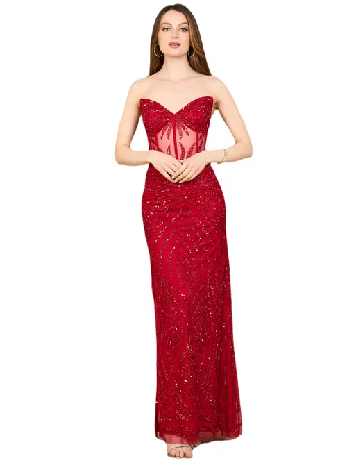 LARA NEW YORK Beaded Corset Gown With Slit - Red