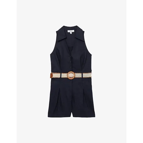 REISS Sleeveless Linen Playsuit - Navy