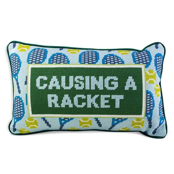 FURBISH Causing A Racket Needlepoint Decorative Pillow - Dark Green